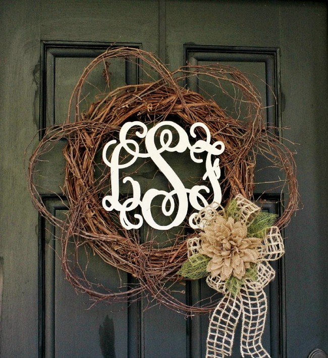 Wood Monogram Twig and Burlap Wreath